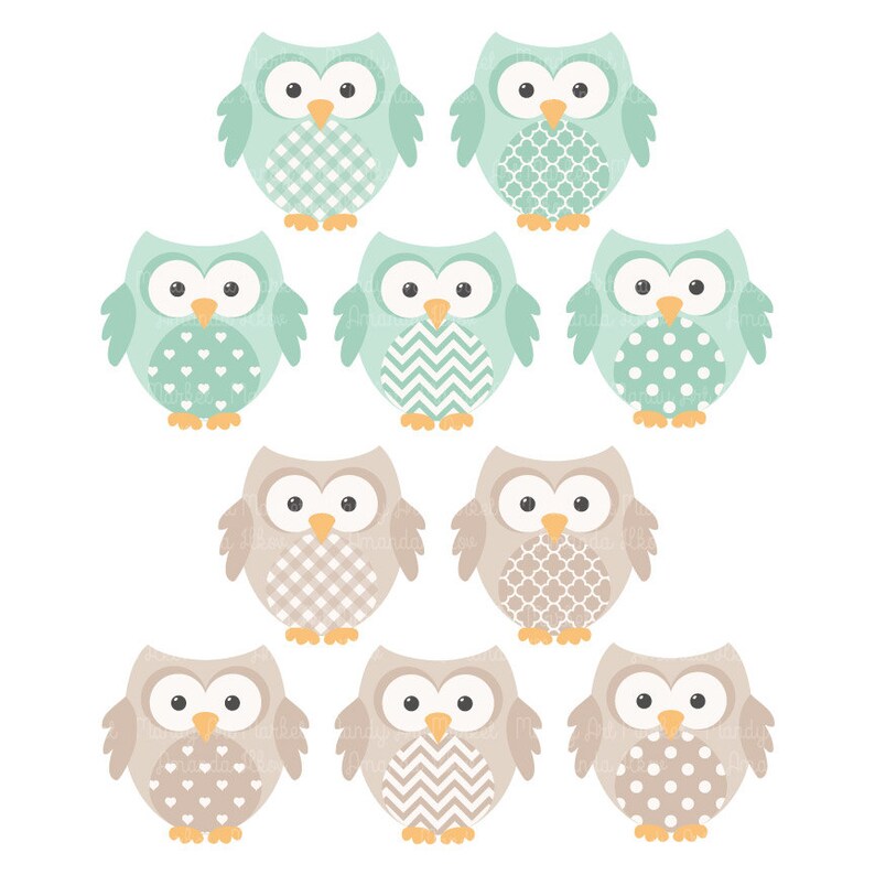 Premium Owl Clipart Vectors & Digital Papers in Mint With Tan | Etsy