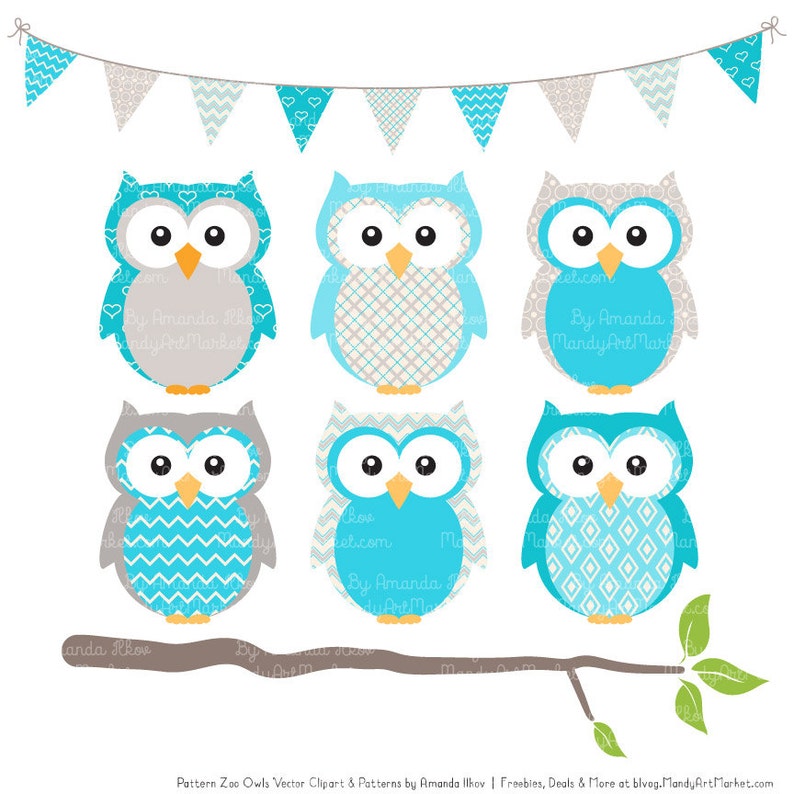 Patterned Tropical Blue Owls Clipart and Digital Papers - Bright Blue ...