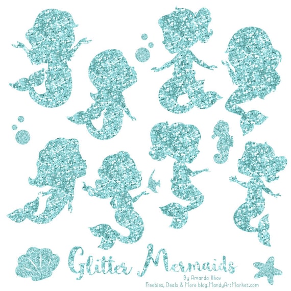 Cute Glitter Mermaids Clipart Aqua Mermaid Glitter Clipart | Etsy