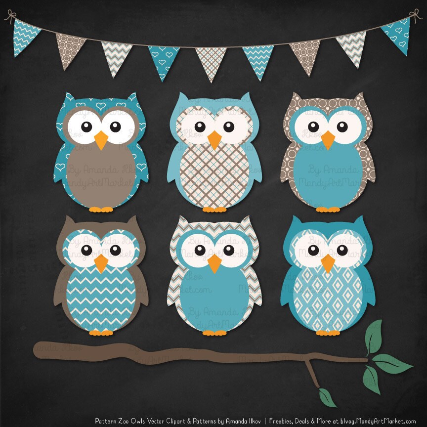 Patterned Vintage Blue Owls Clipart and Digital Papers Teal | Etsy