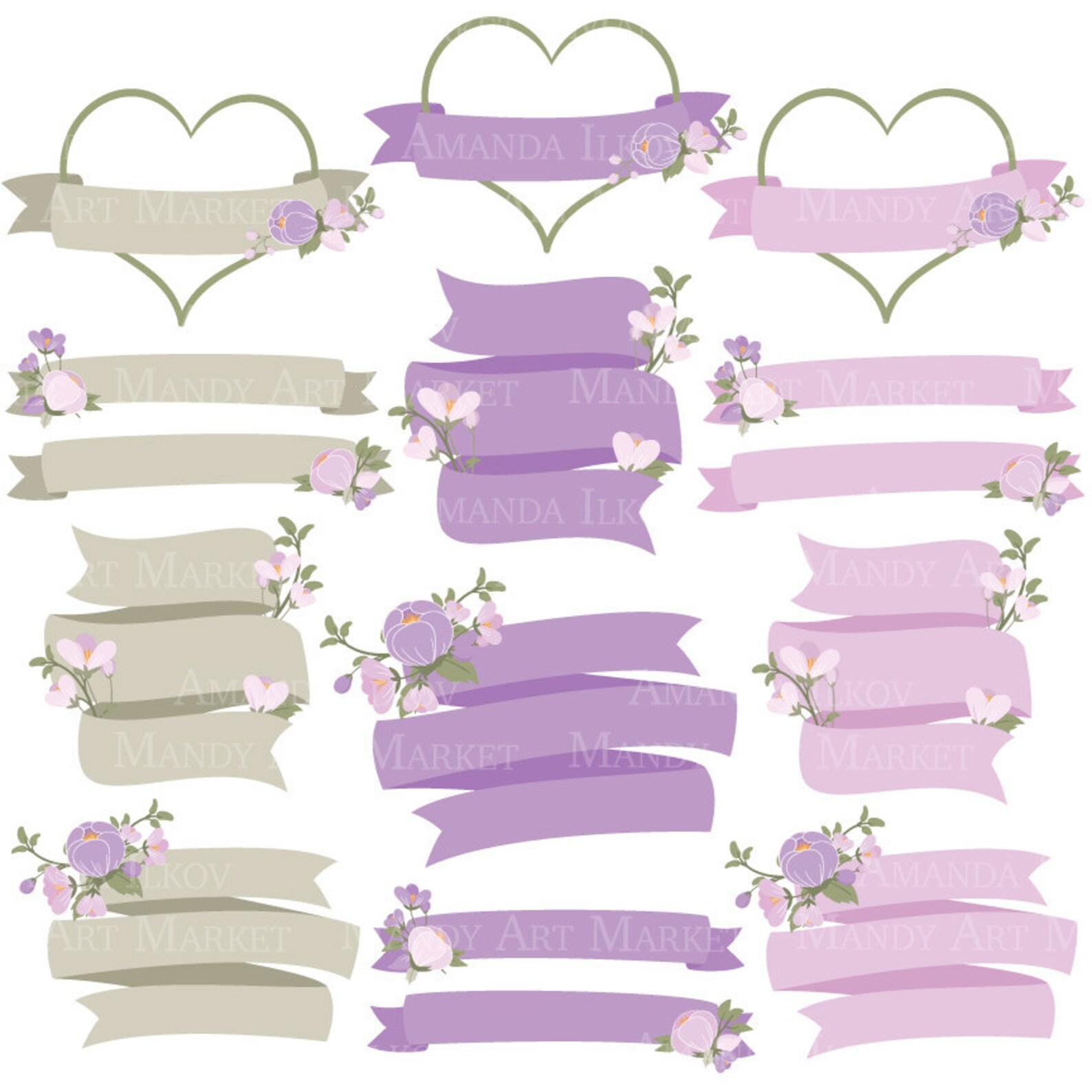 Emma Floral Heart Clipart & Vectors in Lavender lavender | Etsy