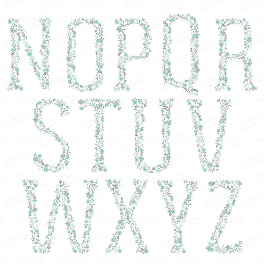 Professional Floral Alphabet Clipart & Vectors Mint and Grey - Etsy