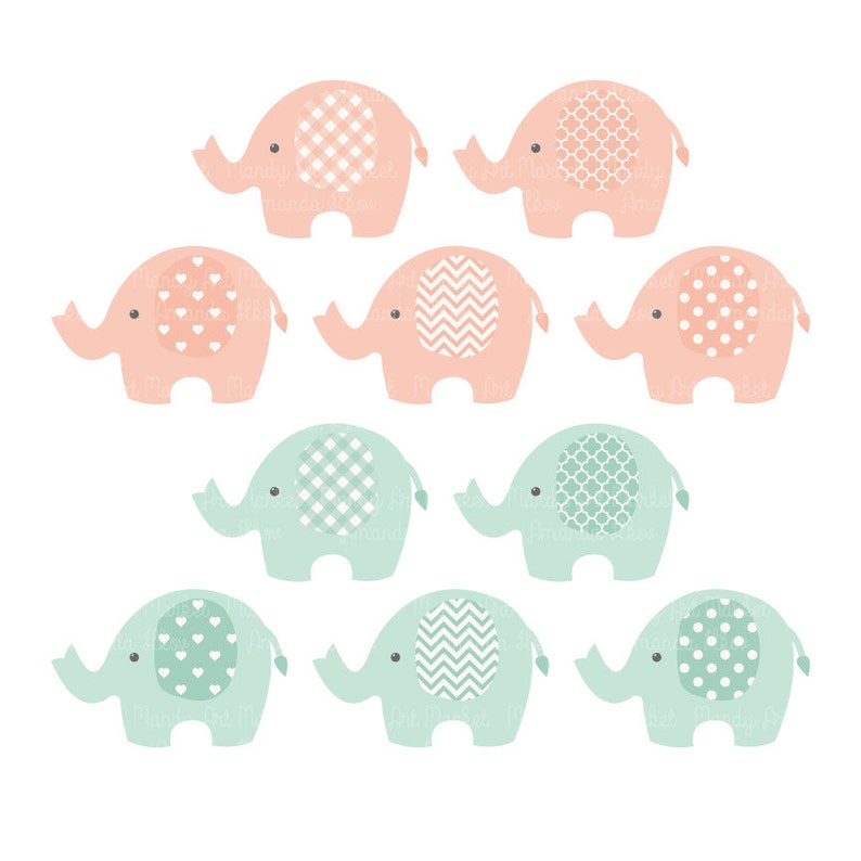 Premium Elephant Clipart, Vectors & Digital Papers in Mint and Peach ...