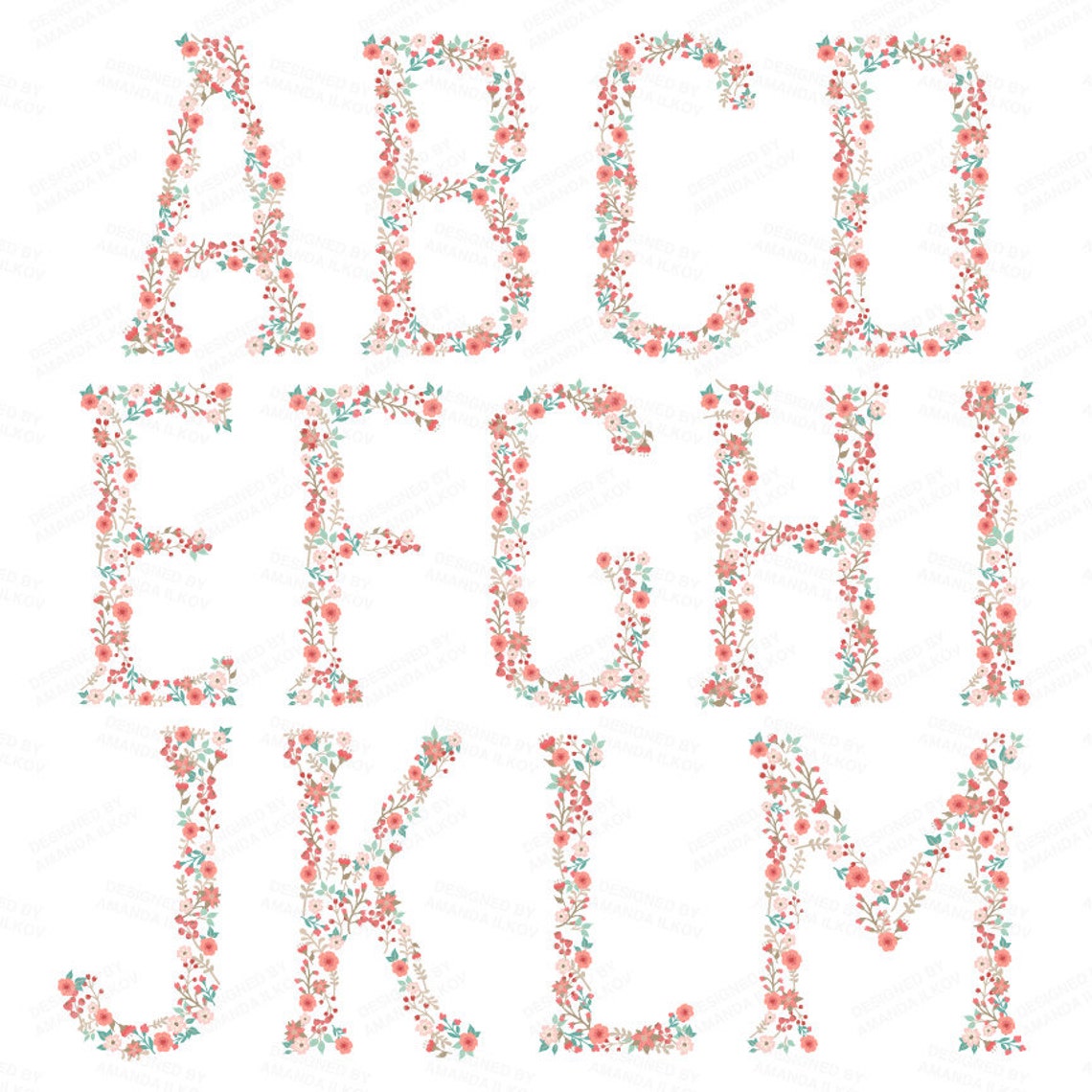 Professional Floral Alphabet Clipart & Vectors Coral and - Etsy