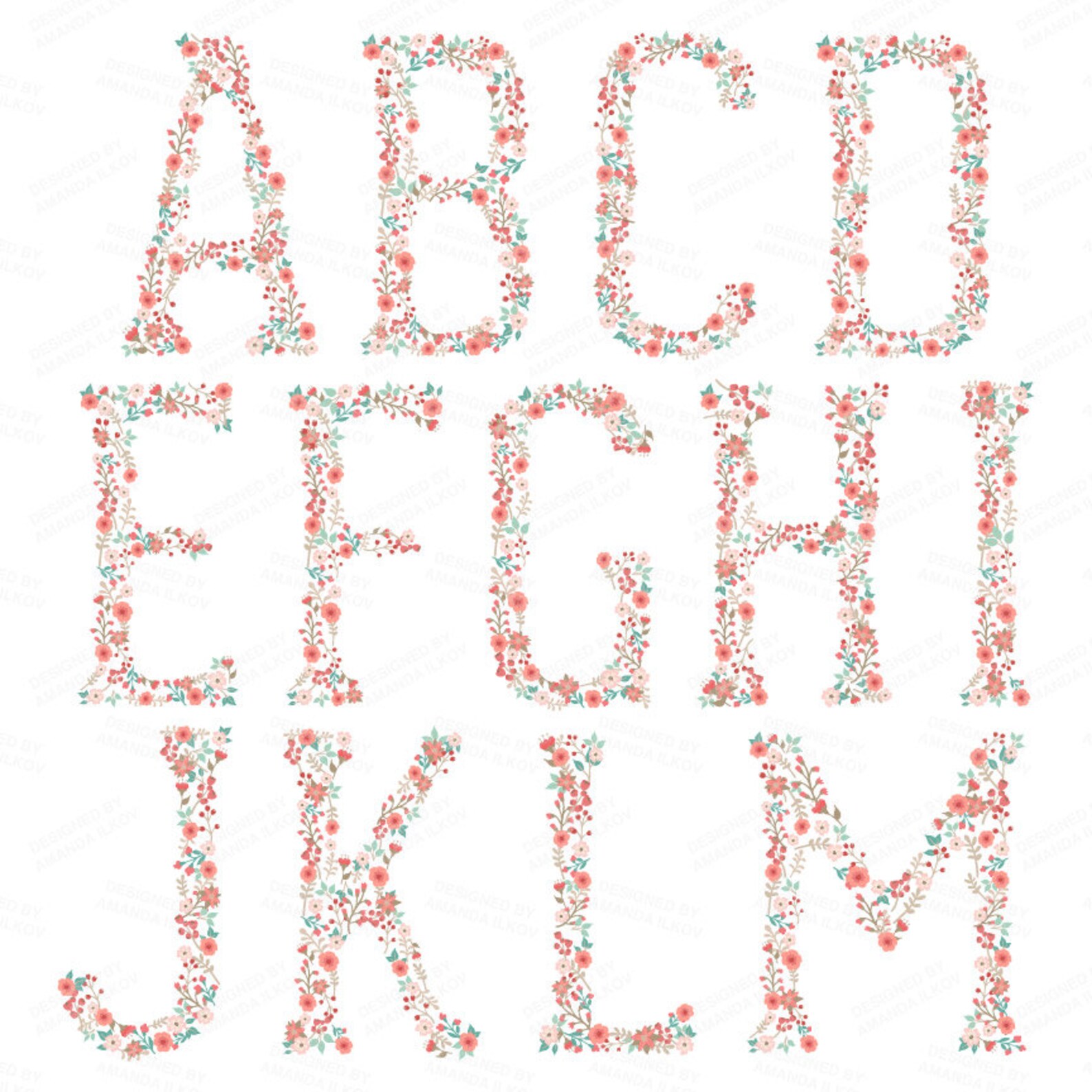 Professional Floral Alphabet Clipart & Vectors - Coral and Mint Floral ...