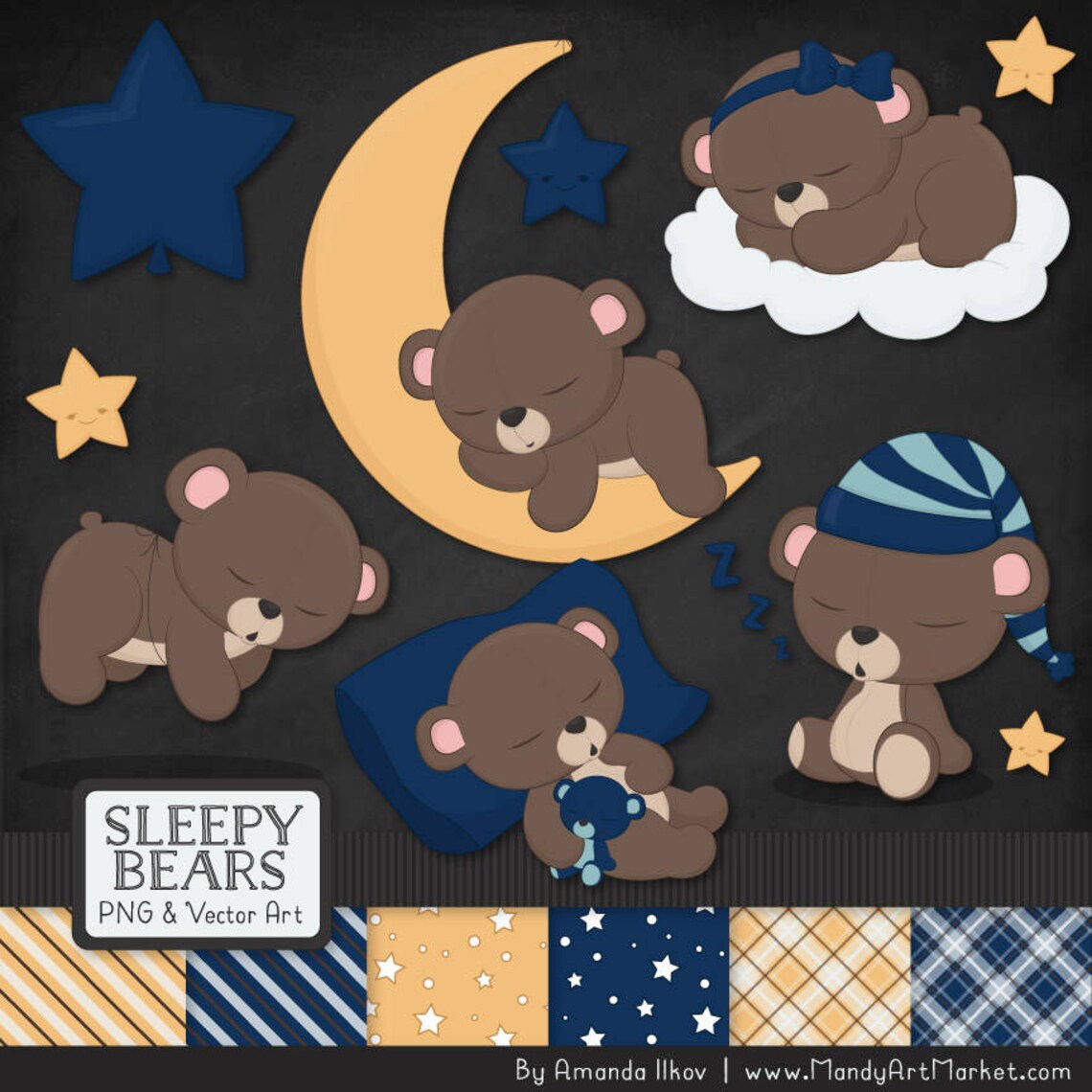 Professional Navy Sleepy Bears Clipart Navy Bedtime Bears | Etsy