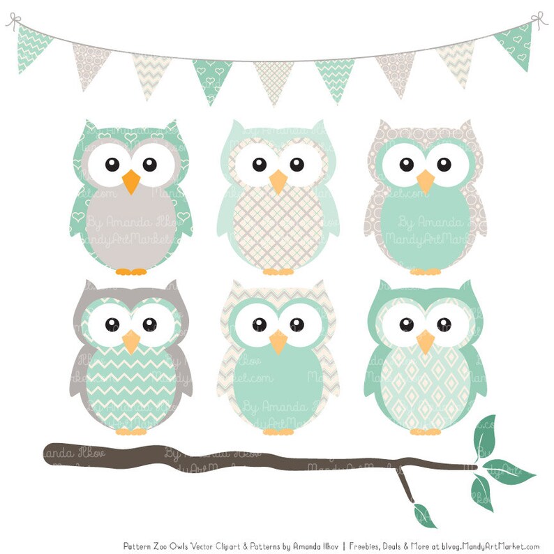 Patterned Mint Owls Clipart and Digital Papers Mint Owl | Etsy