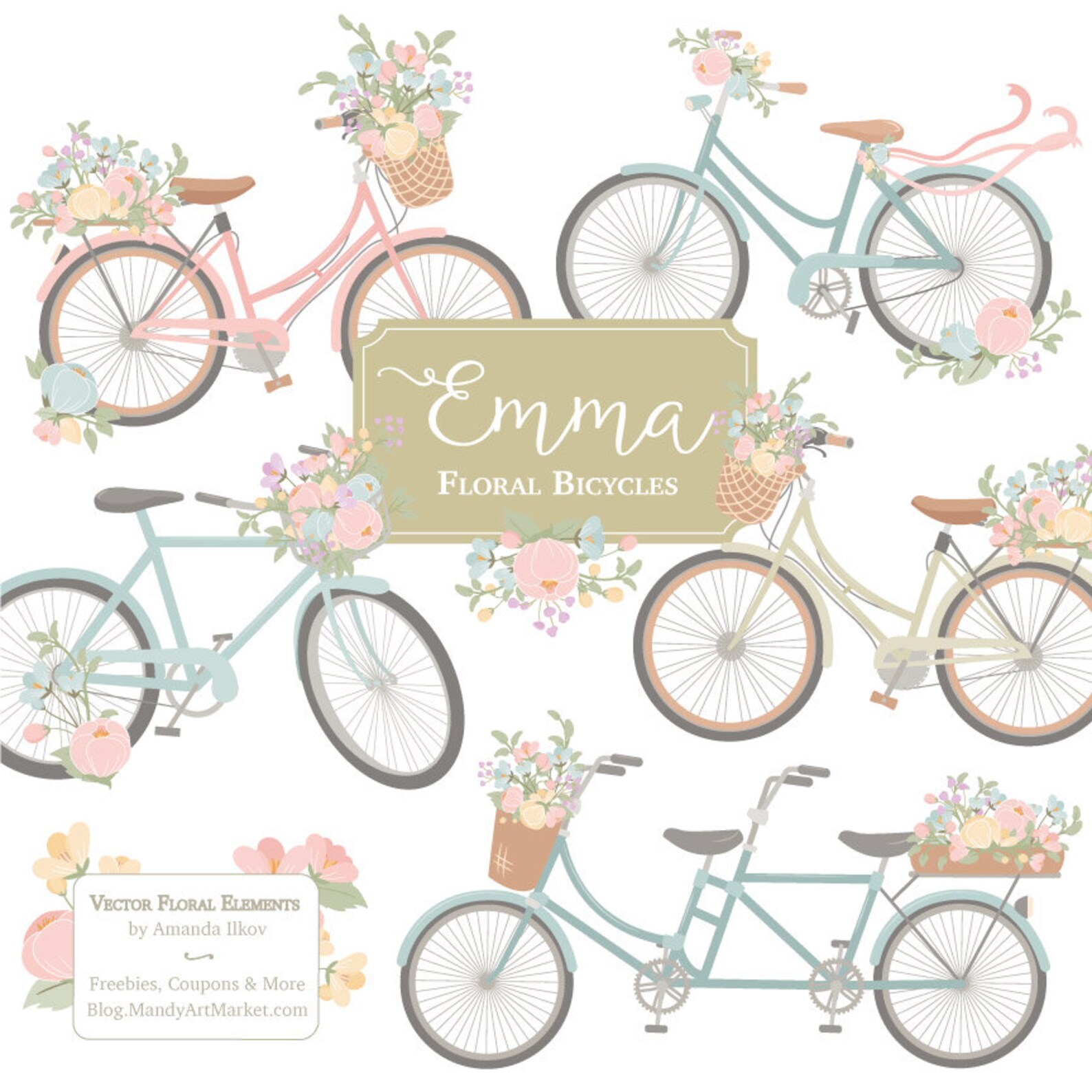Emma Floral Bicycle Clipart & Vectors in Grandmas Garden - Pastel ...