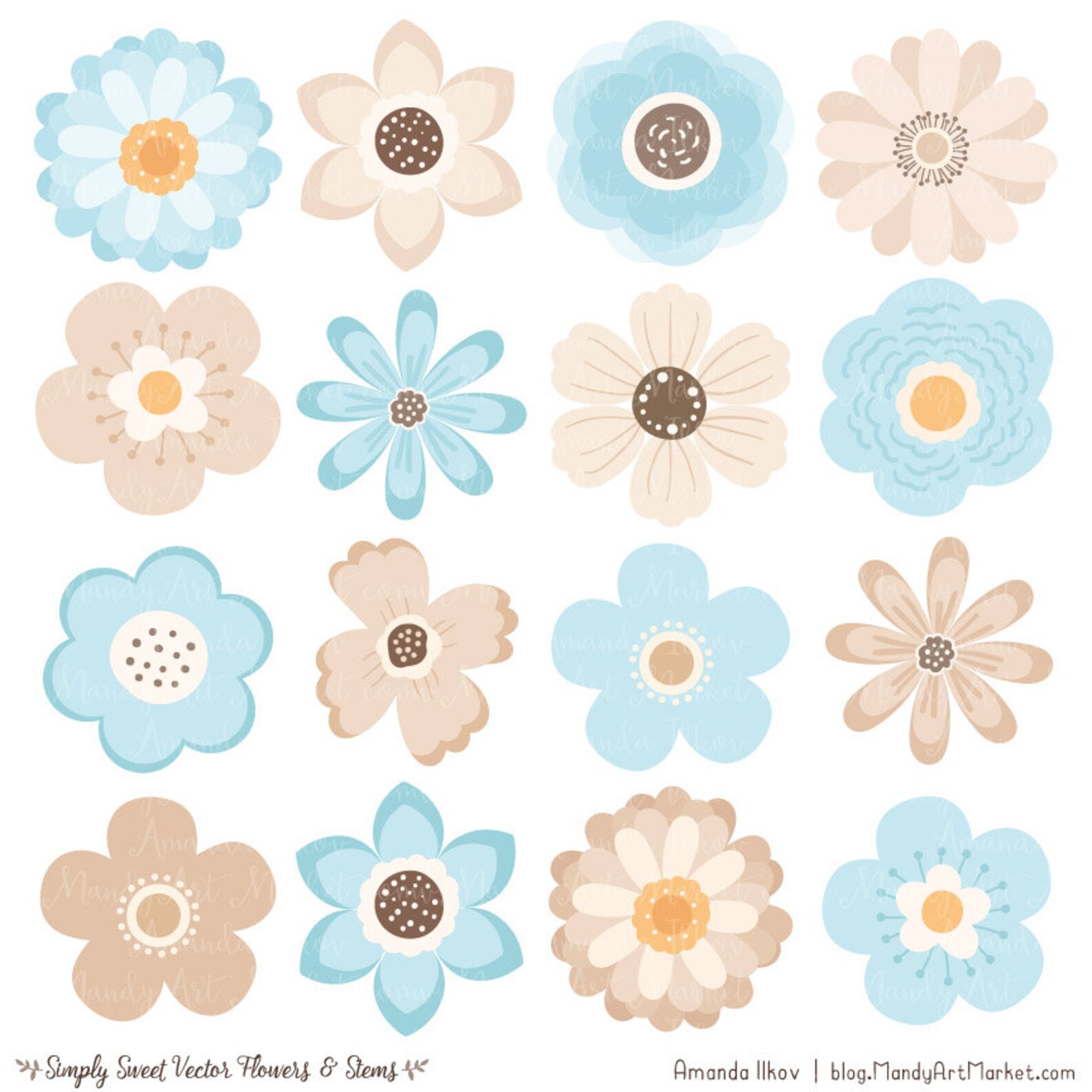 Cute Flowers Clipart in Soft Blue Soft Blue Vector Flowers | Etsy