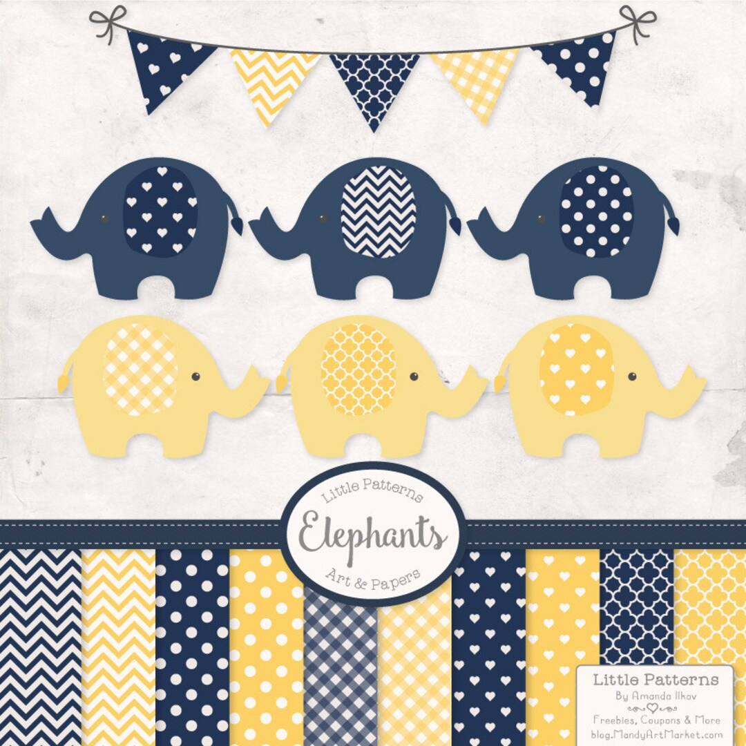 Premium Elephant Clipart, Vectors & Digital Papers in Navy and Lemon ...