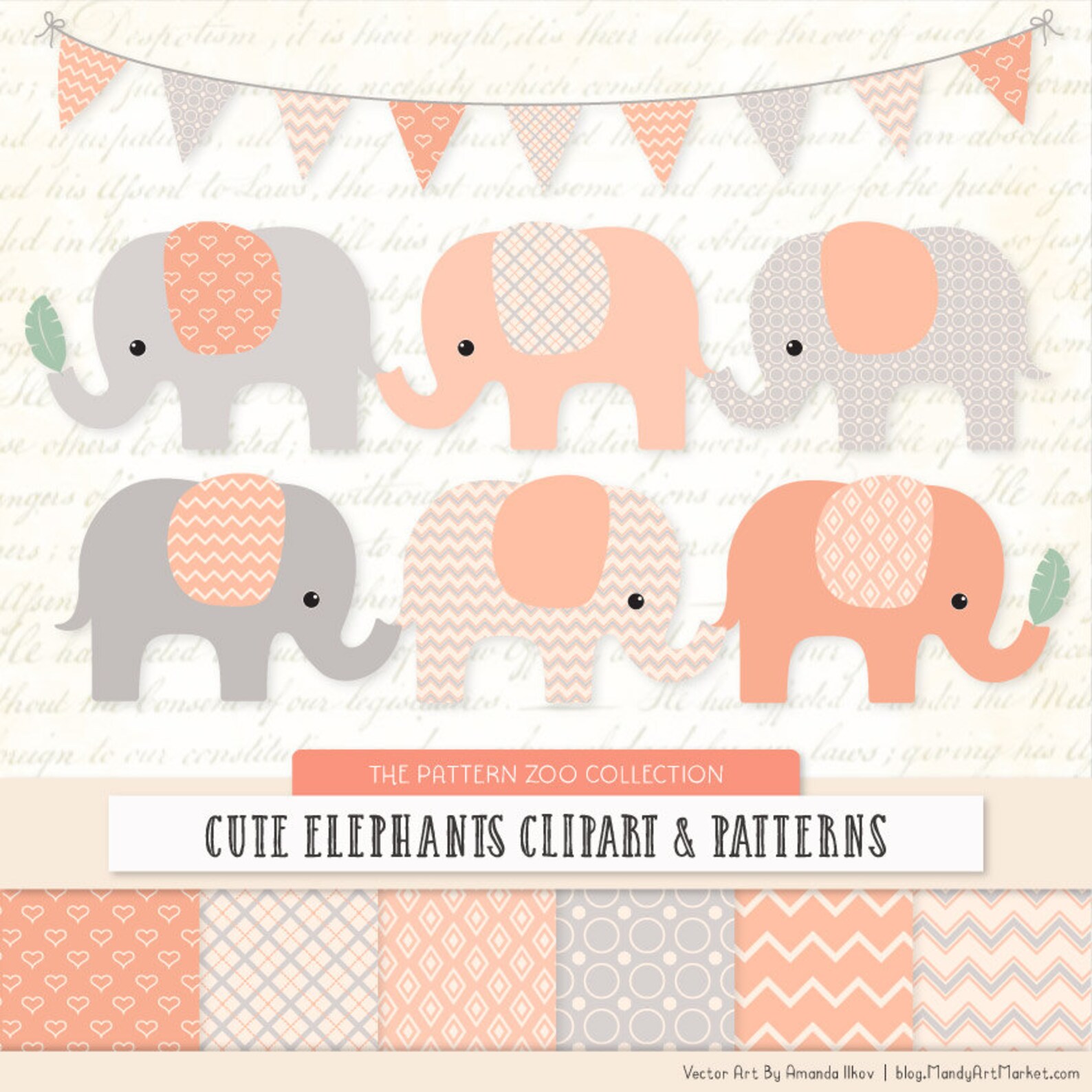Patterned Peach Elephants Clipart and Digital Papers - Peach Elephant ...