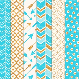Premium Boho Gold Glitter Digital Paper in Tropical Blue - Gold Digital ...