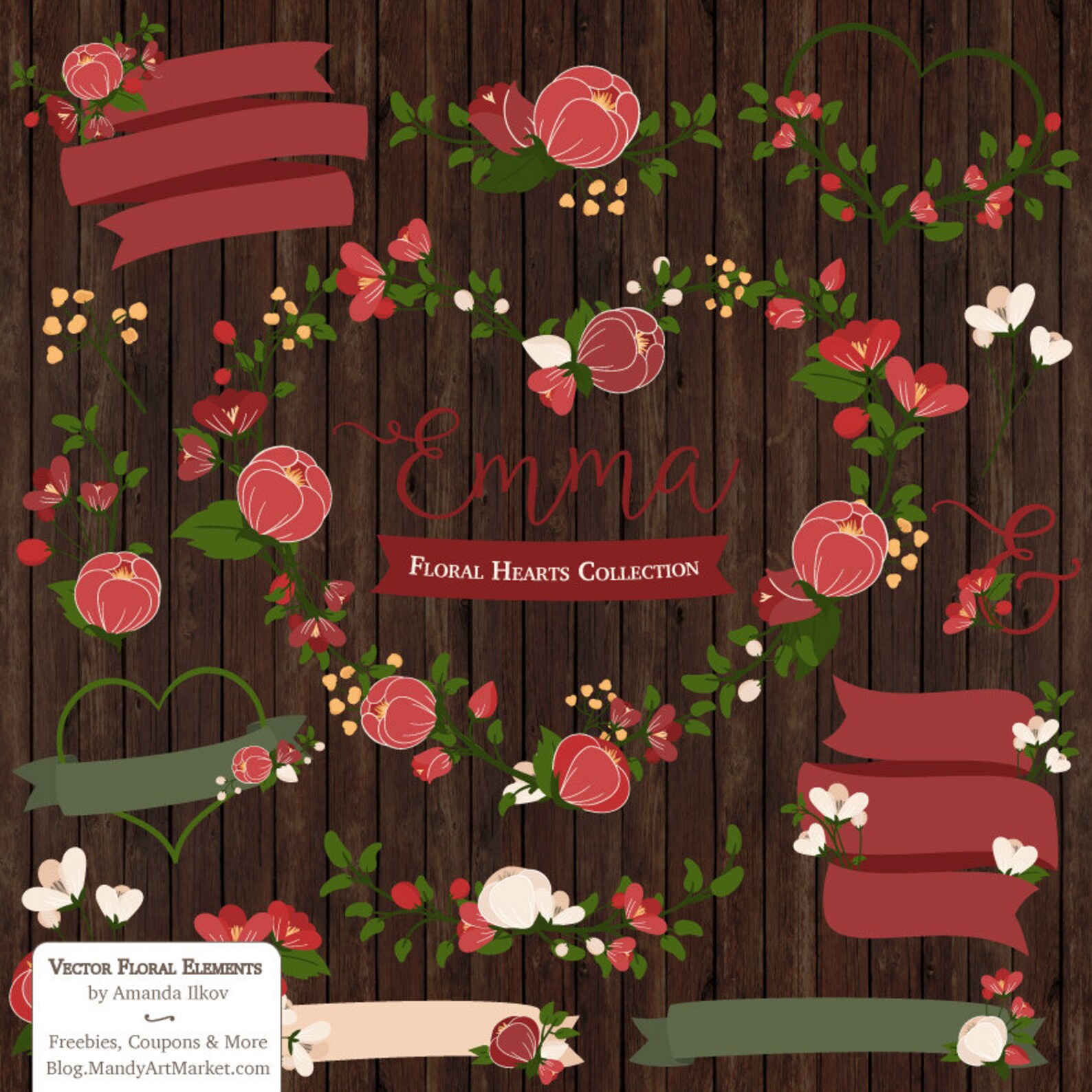 Emma Floral Heart Clipart & Vectors in Christmas orange | Etsy