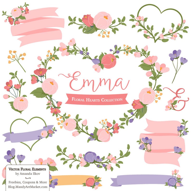 Emma Floral Heart Clipart & Vectors in Wildflowers Pink - Etsy