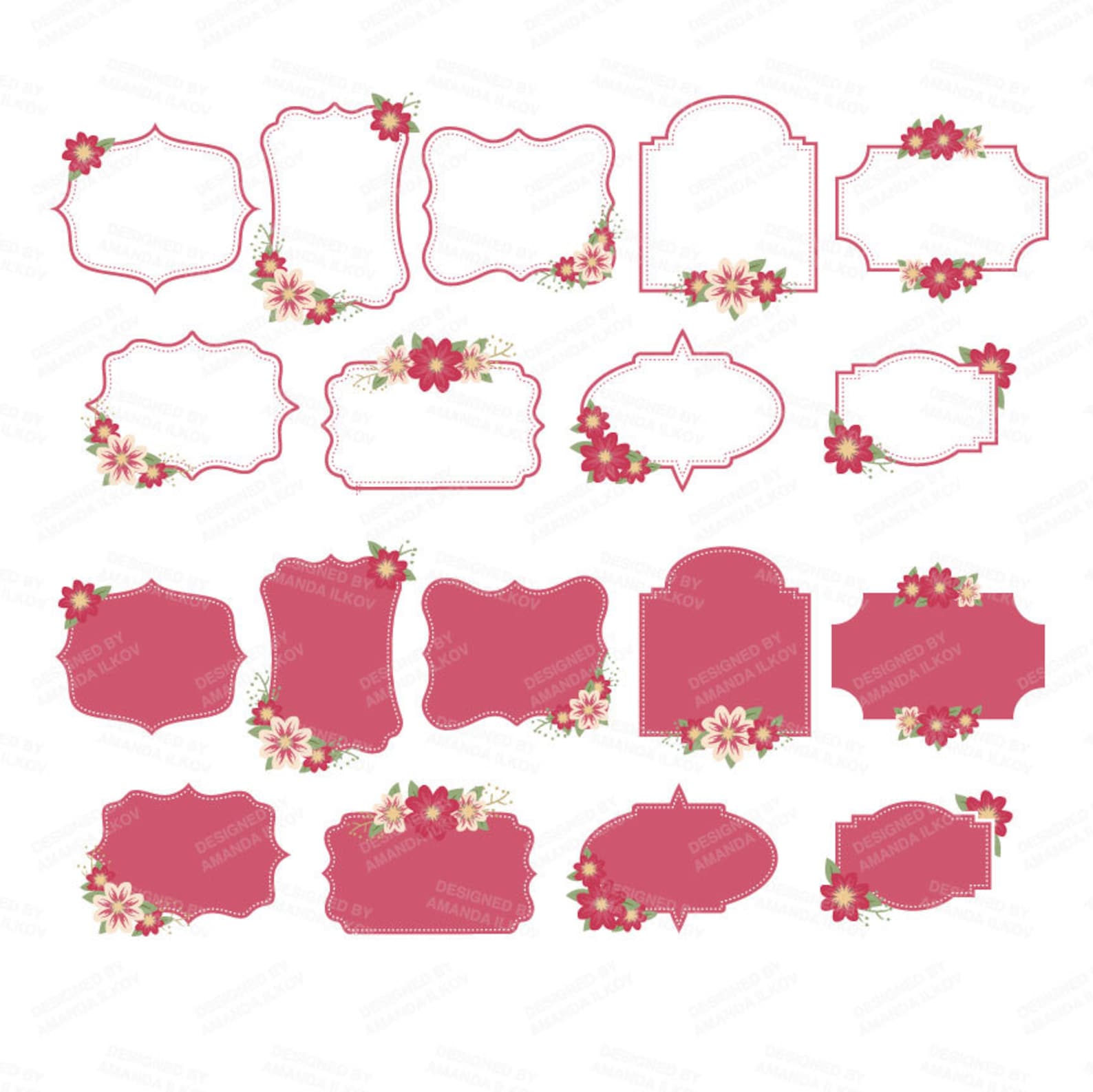 Deep Pink & Gold Floral Labels Label Clip Art Label Vectors | Etsy