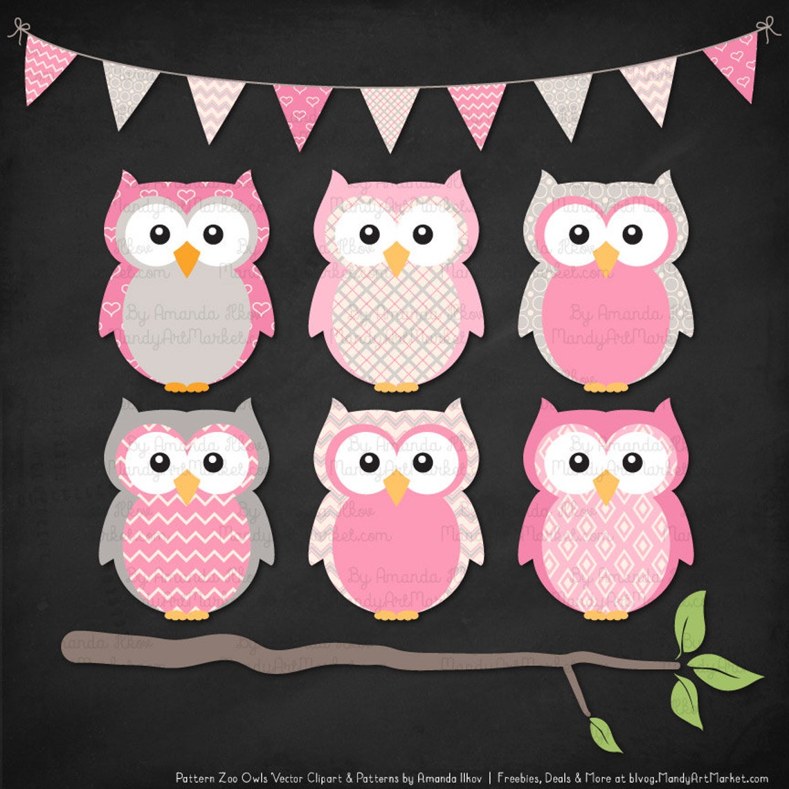 Patterned Pink Owls Clipart and Digital Papers Pink Owl | Etsy