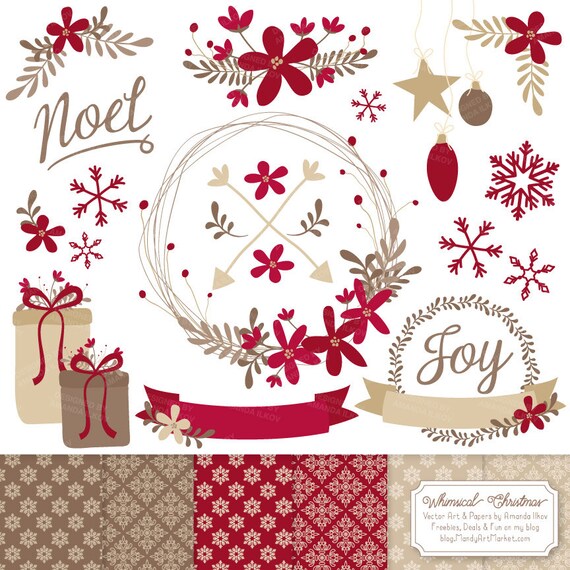 Red Christmas Wreath Clip Art & Red Christmas Digital Papers - Etsy