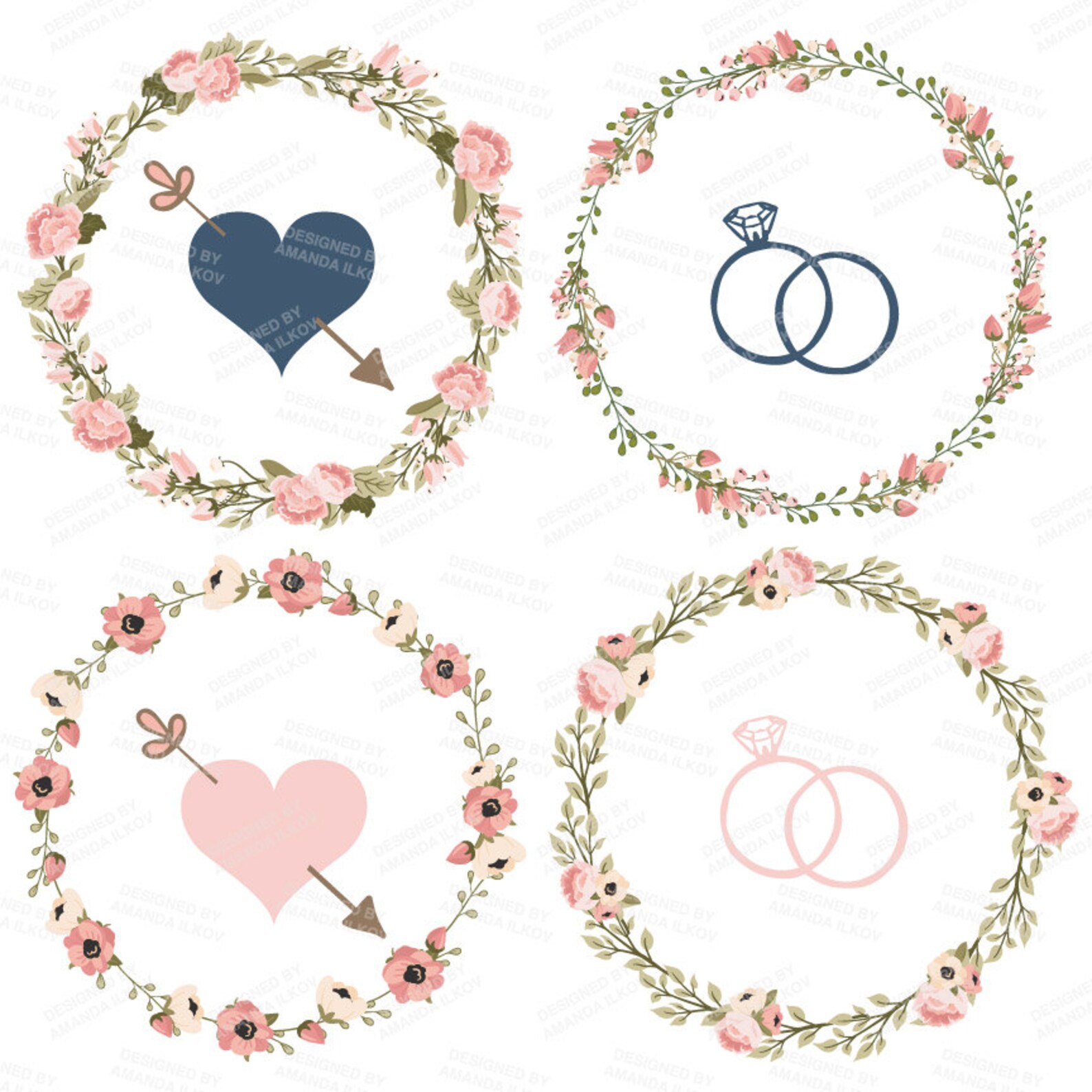 Premium Wedding Floral Clipart & Vectors Navy and Blush - Etsy UK