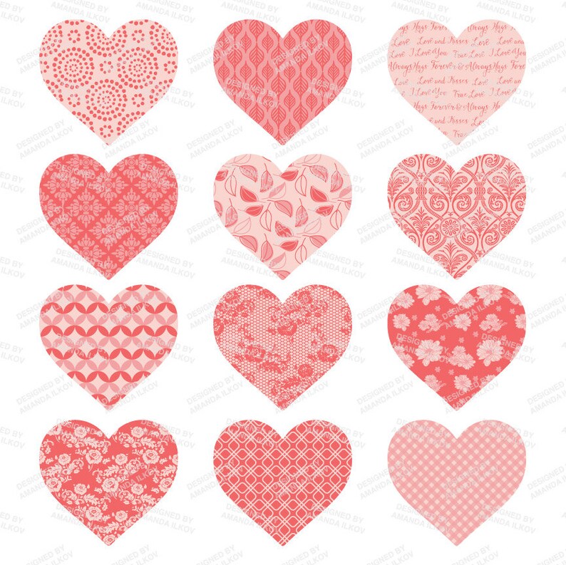 Premium Patterned Coral Hearts Clip Art & Digital Papers - Etsy
