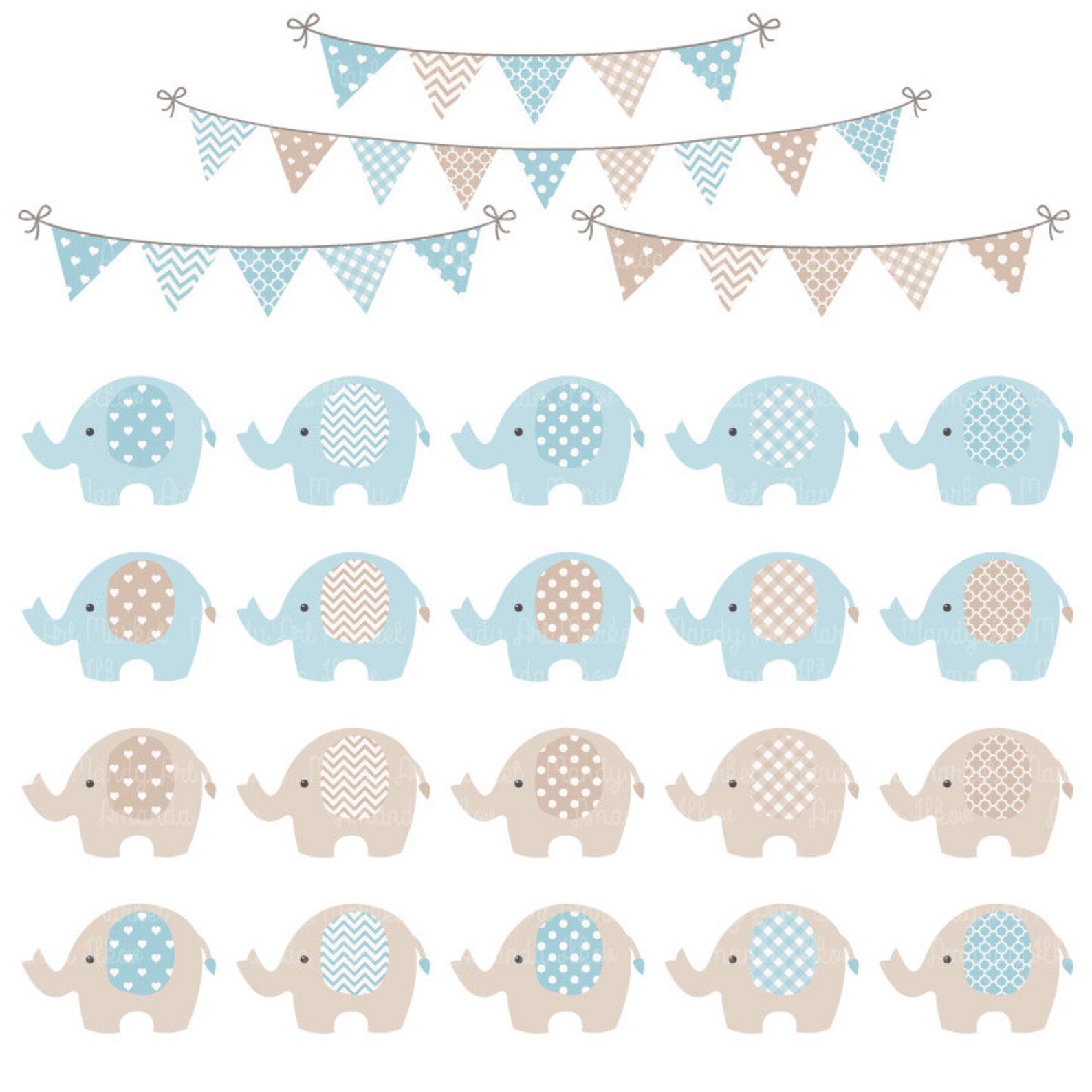 Premium Elephant Clipart, Vectors & Digital Papers in Soft Blue With ...