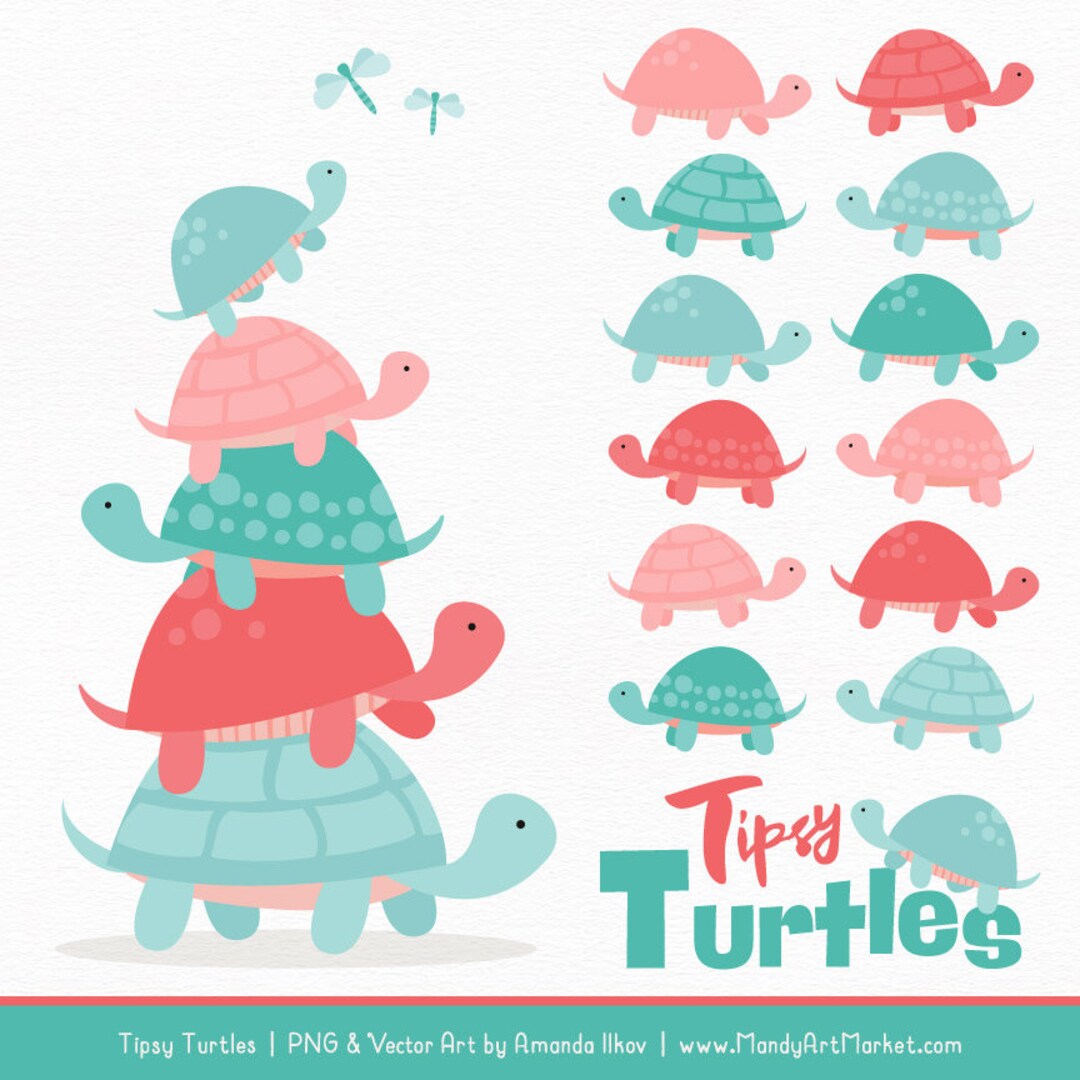 Professional Turtle Stack Clipart in Aqua & Coral Turtle - Etsy