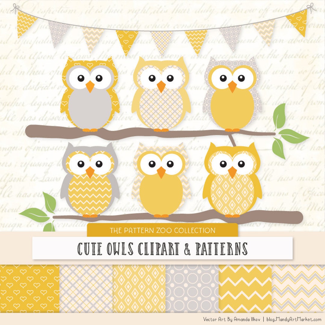 Patterned Sunshine Owls Clipart and Digital Papers - Yellow Owl Clipart ...