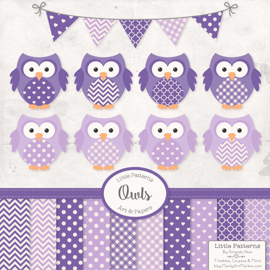 Premium Owl Clipart, Vectors & Digital Papers in Purple - Purple Owl ...