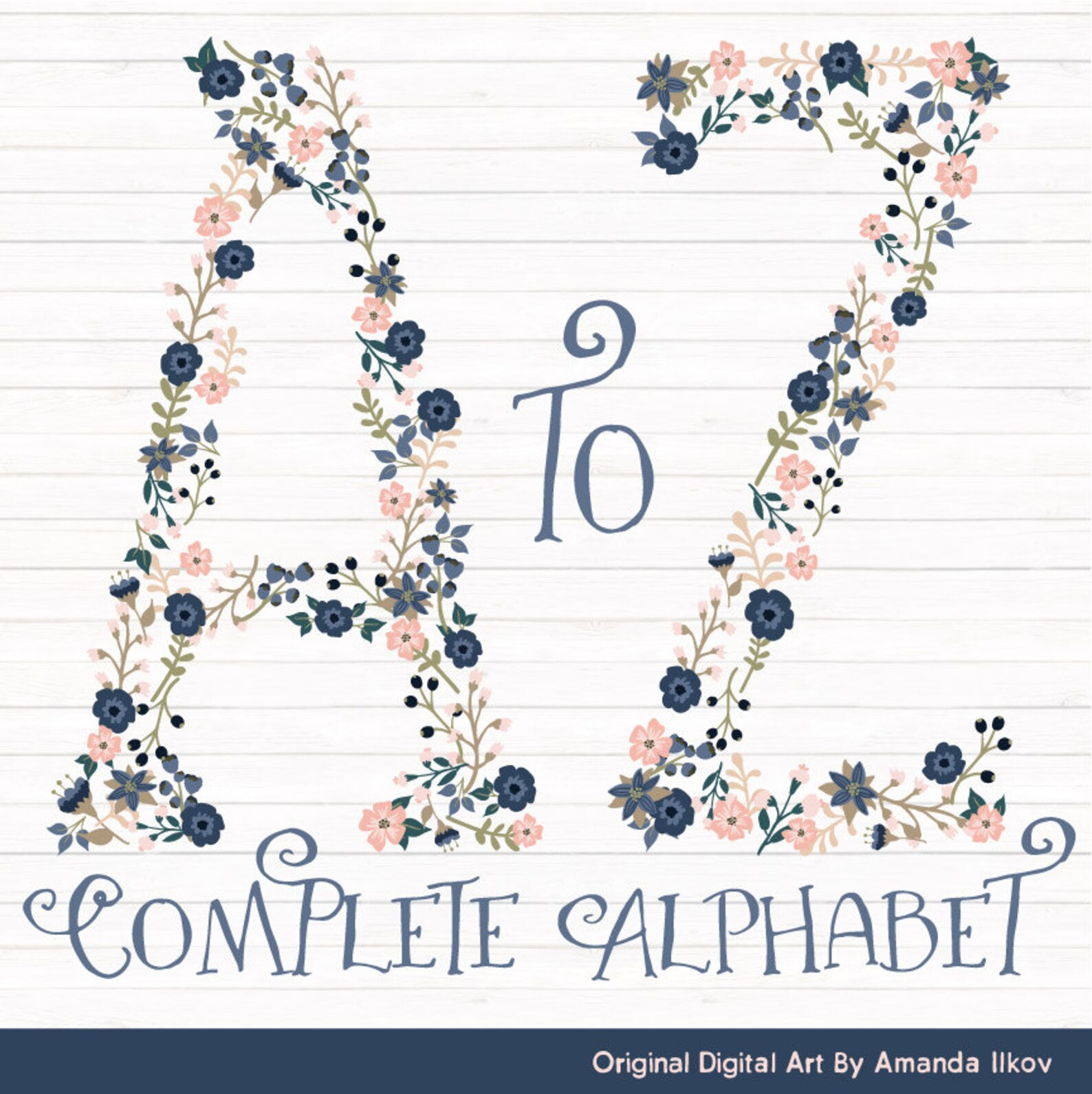 Professional Floral Alphabet Clipart & Vectors Navy Floral Monogram ...