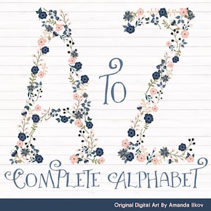 Professional Floral Alphabet Clipart & Vectors - Navy Floral Monogram ...