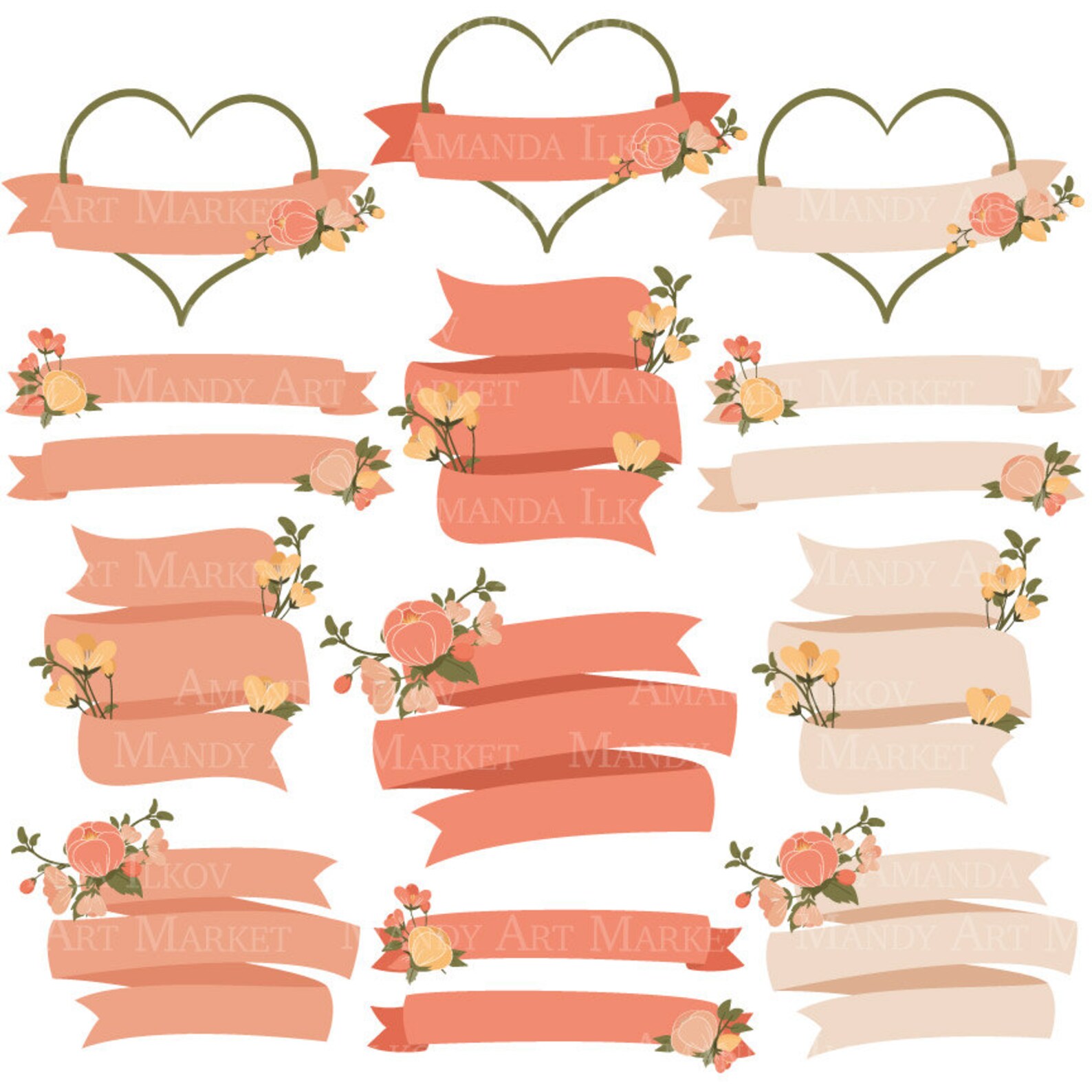 Emma Floral Heart Clipart & Vectors in Antique Peach - Orange Flowers ...