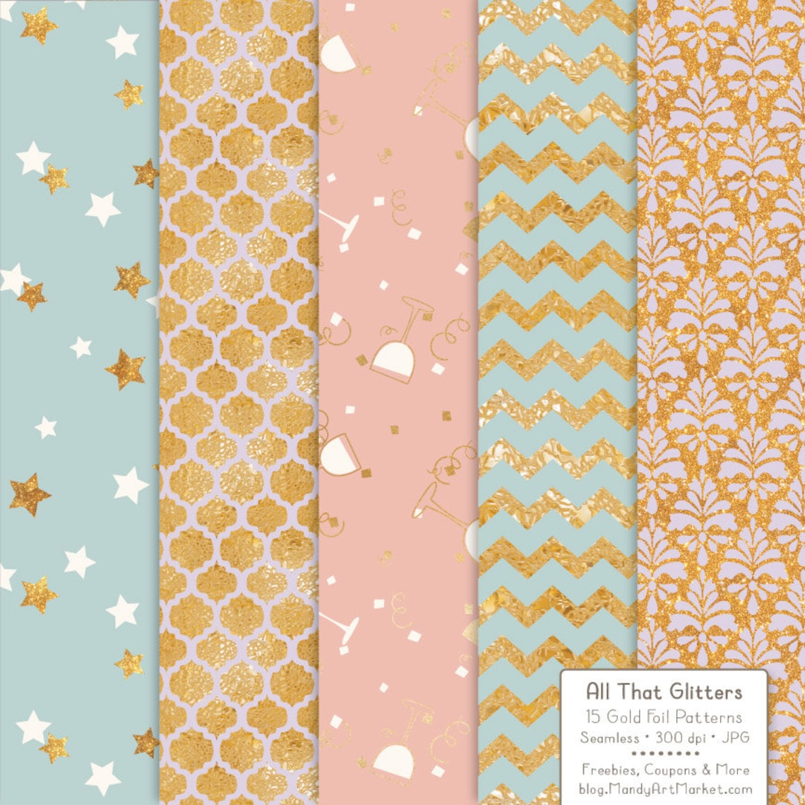 Celebrate Gold Foil Digital Papers in Grandmas Garden - Party Patterns ...