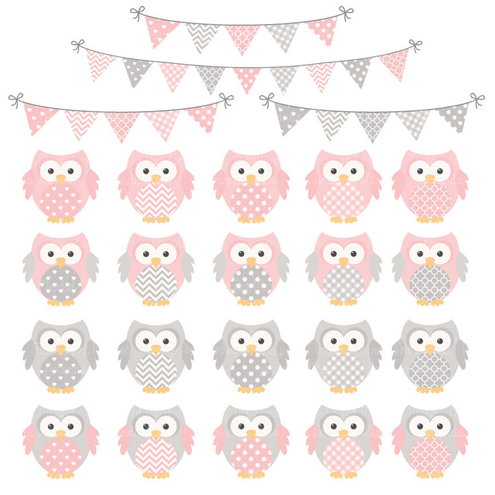 Premium Owl Clipart Vectors & Digital Papers in Soft Pink - Etsy