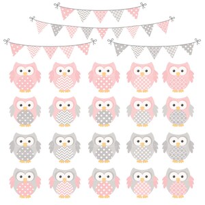 Premium Owl Clipart, Vectors & Digital Papers in Soft Pink With Grey ...