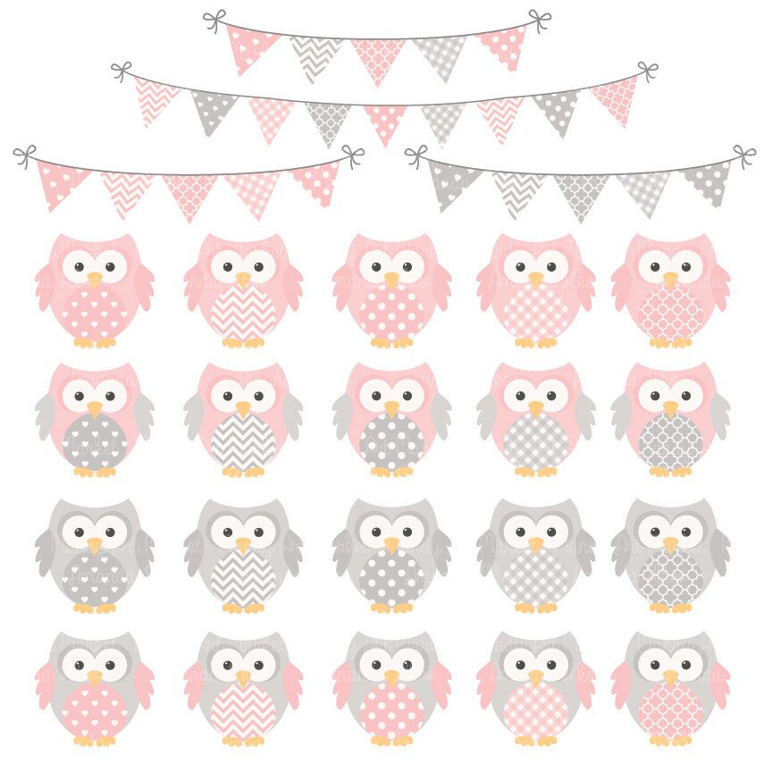 Premium Owl Clipart Vectors & Digital Papers in Soft Pink | Etsy