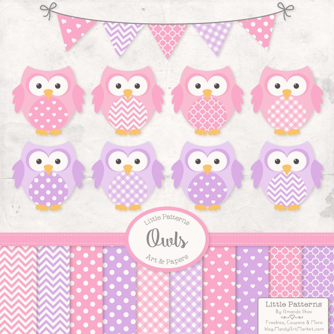 Premium Owl Clipart, Vectors & Digital Papers in Fresh Pink and Purple ...