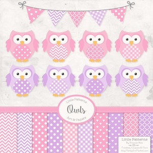 Premium Owl Clipart, Vectors & Digital Papers in Fresh Pink and Purple ...