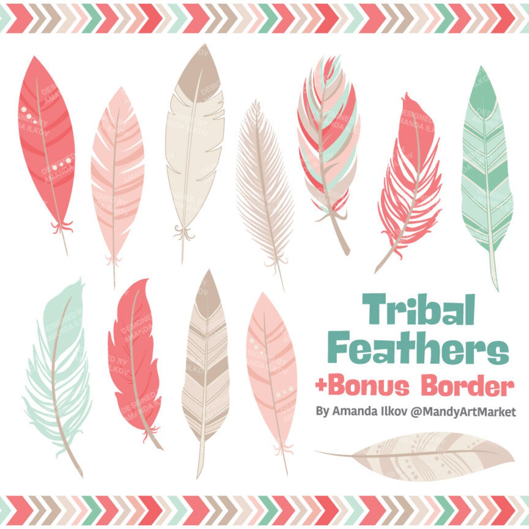 Professional Tribal Feathers Clipart & Vectors in Mint Coral - Feathers ...