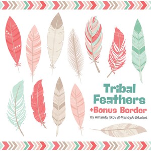 Professional Tribal Feathers Clipart & Vectors in Mint Coral - Feathers ...
