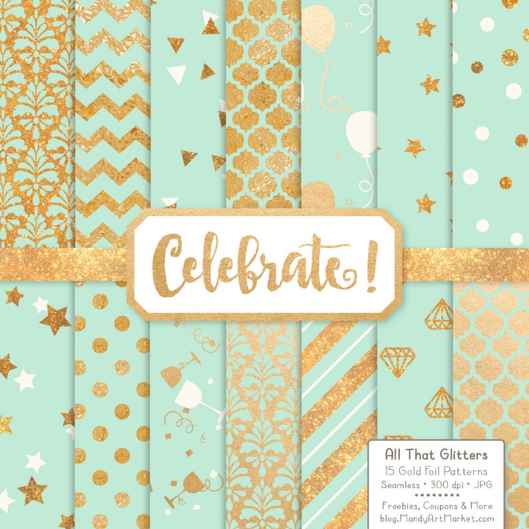 Premium Gold Foil Mint Digital Papers - Party Patterns, Party Digital ...
