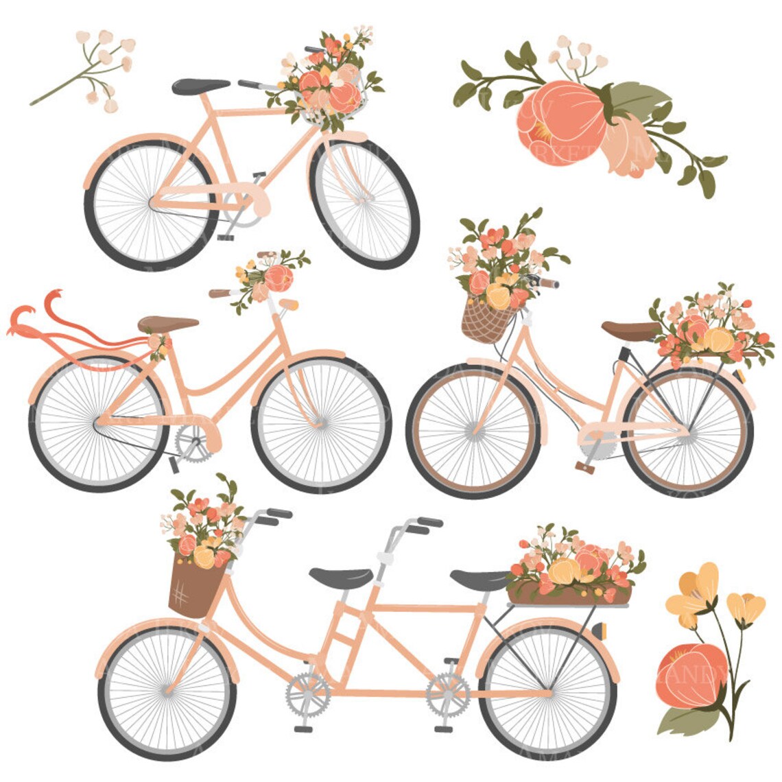 Emma Floral Bicycle Clipart & Vectors in Antique Peach Peach | Etsy