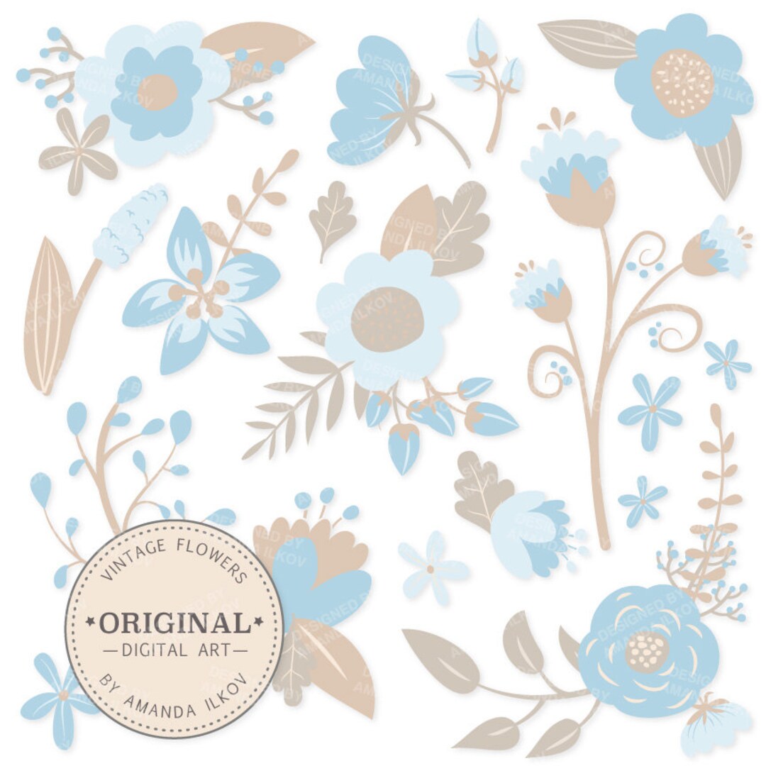 Premium Soft Blue Flowers Clipart & Floral Vectors Blue Floral, Vintage ...