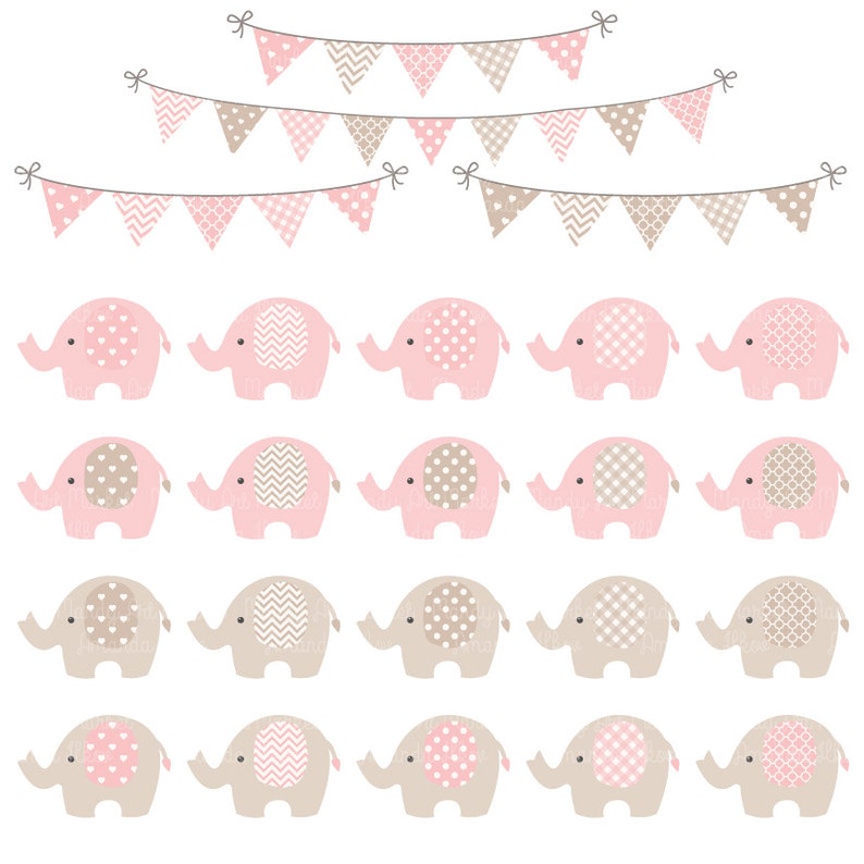 Premium Elephant Clipart, Vectors & Digital Papers in Soft Pink With ...