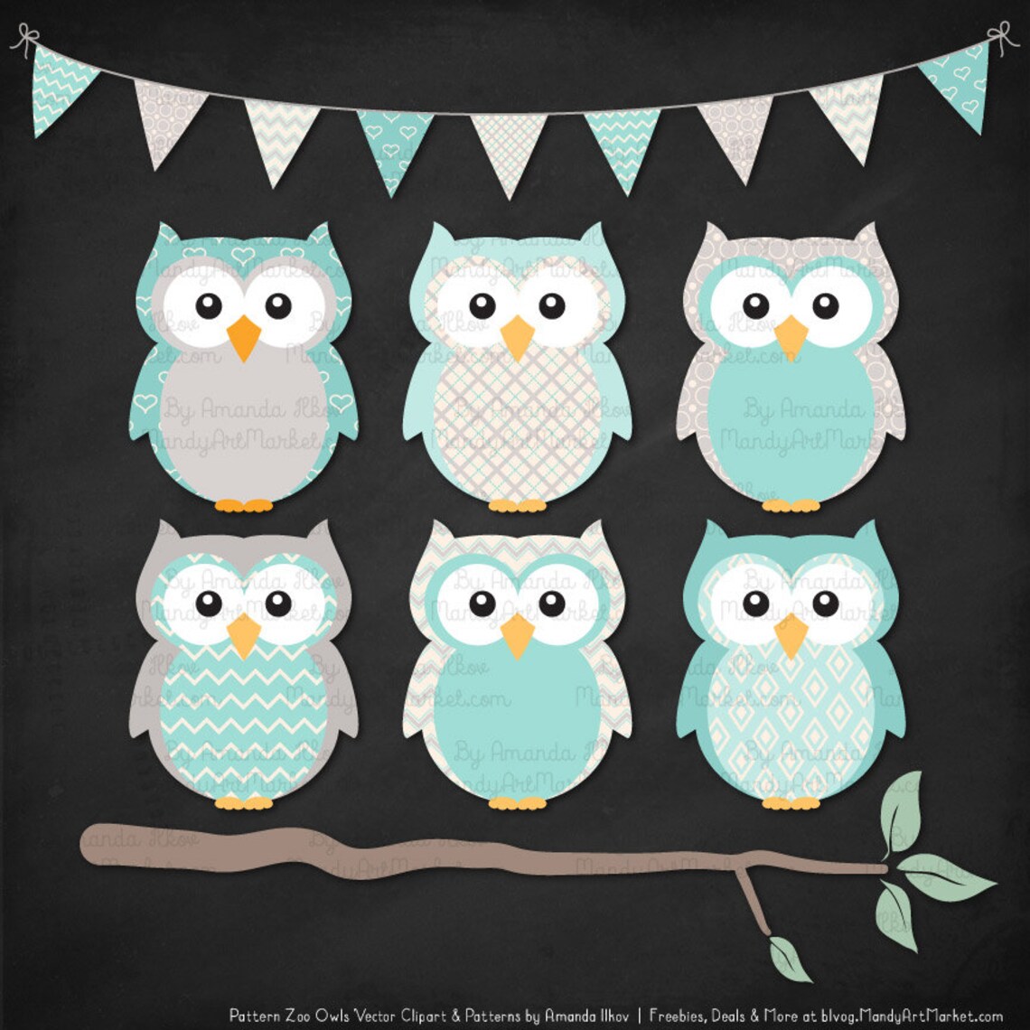 Patterned Aqua Owls Clipart and Digital Papers Aqua Owl - Etsy
