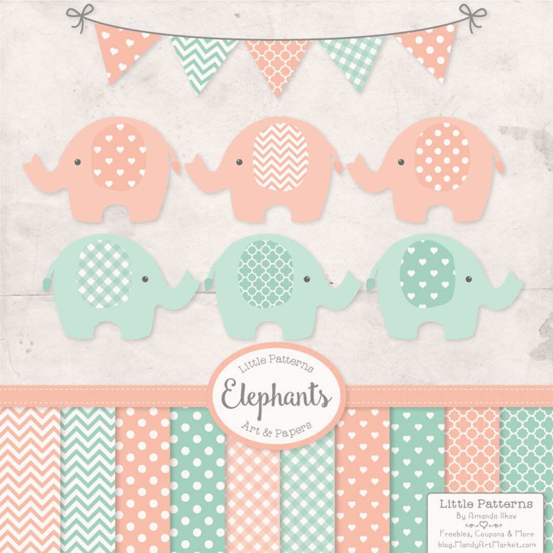 Premium Elephant Clipart, Vectors & Digital Papers in Mint and Peach ...