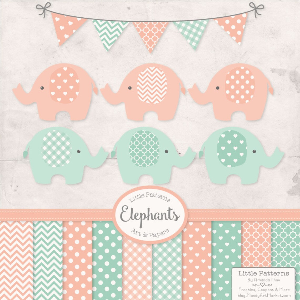 Premium Elephant Clipart Vectors & Digital Papers in Mint and | Etsy