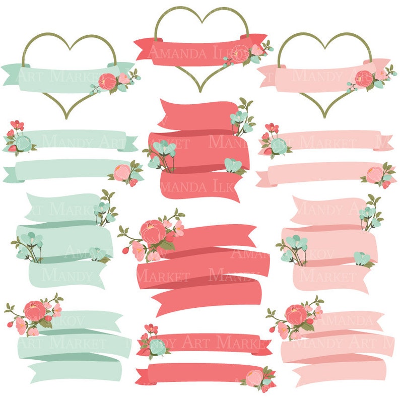 Emma Floral Heart Clipart & Vectors in Mint and Coral mint - Etsy México