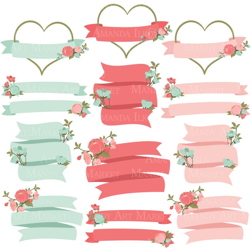 Emma Floral Heart Clipart & Vectors in Mint and Coral - Mint Flowers ...