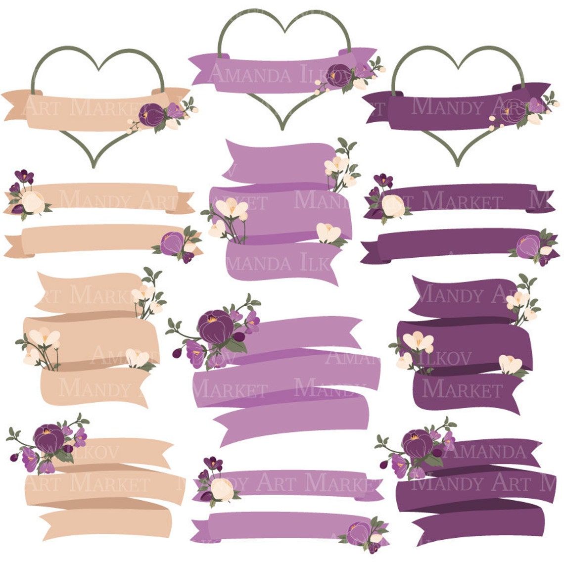 Emma Floral Heart Clipart & Vectors in Plum - Plum Flowers, Plum Floral ...