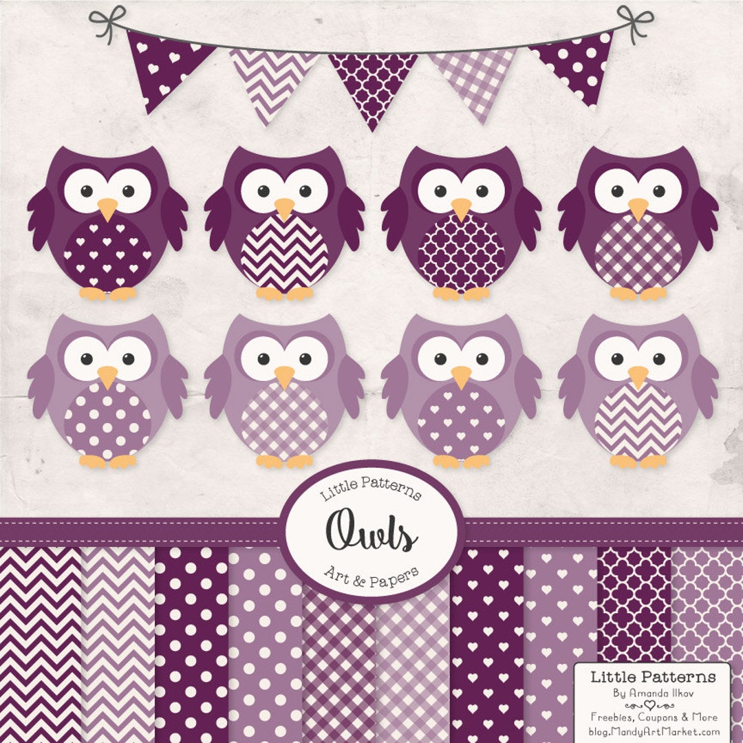 Premium Owl Clipart, Vectors & Digital Papers in Plum - Plum Owl Clip ...