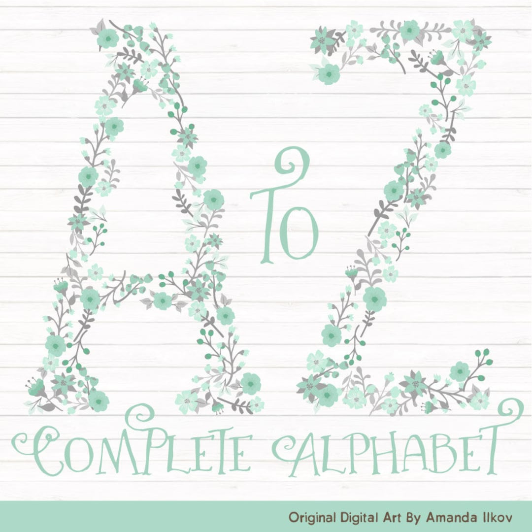 Professional Floral Alphabet Clipart & Vectors Mint and Grey Floral ...